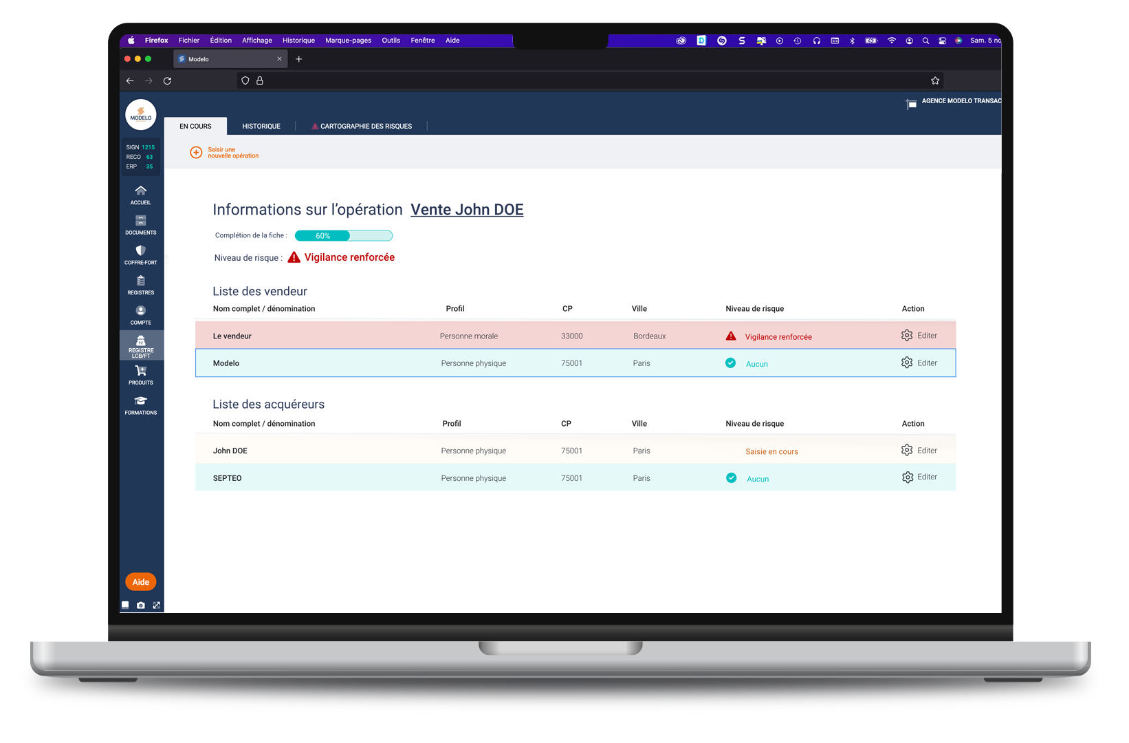Le registre LCB/FT Galian- Modelo
